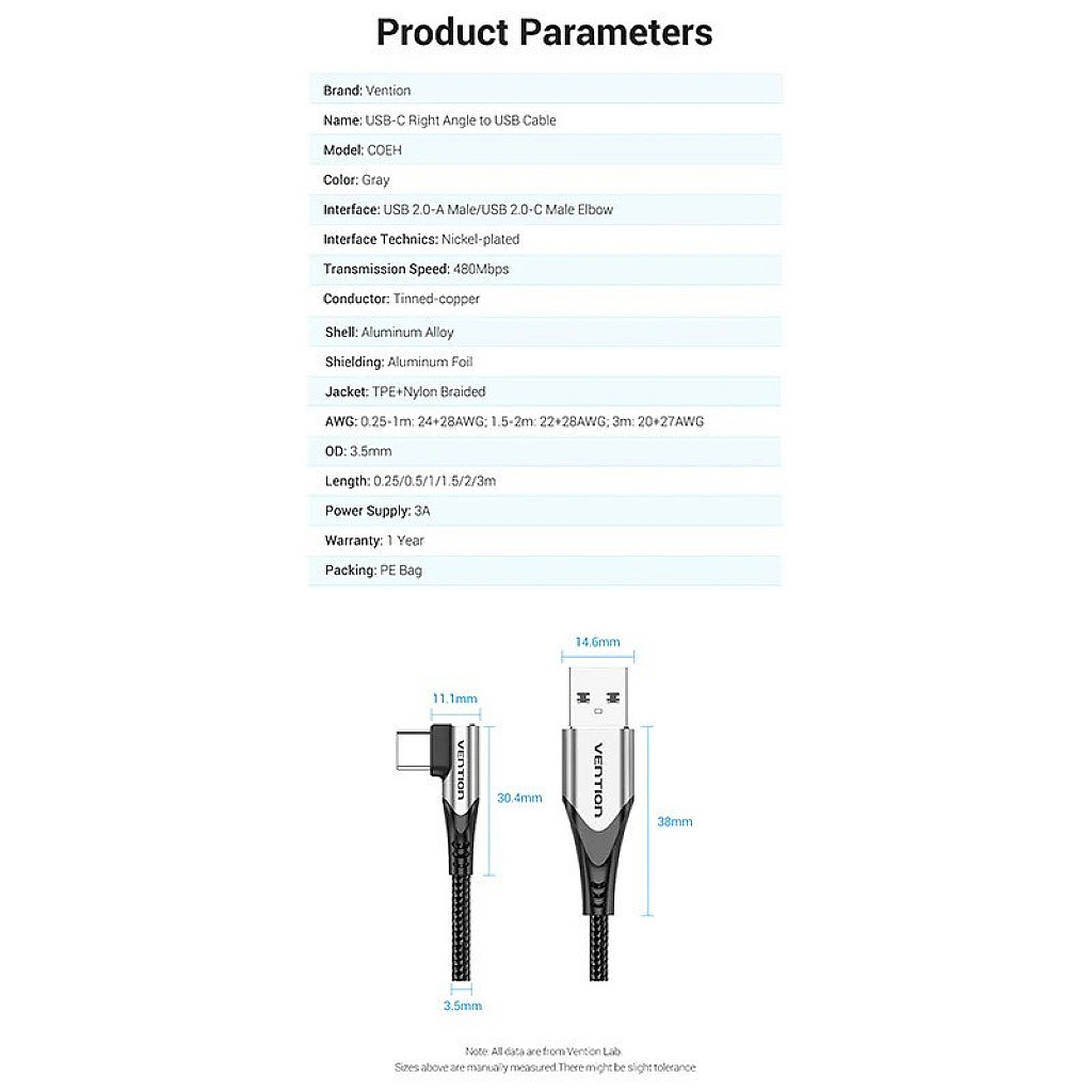 Vention Right Angle Type-C Male to USB 2.0-A Male Nickel Plated Braided ...